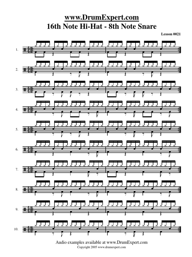 16th Note Hi-Hat - 8th Note Snare: Lesson 0021 | PDF | Artes del ...