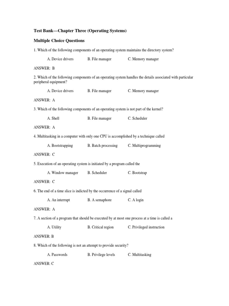 Test Bank-Chapter Three (Operating Systems) Multiple Choice Questions ...