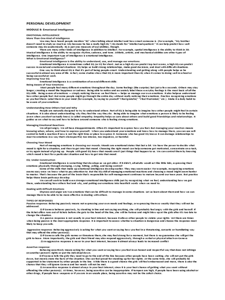 Personal Development: MODULE 8: Emotional Intelligence | PDF ...