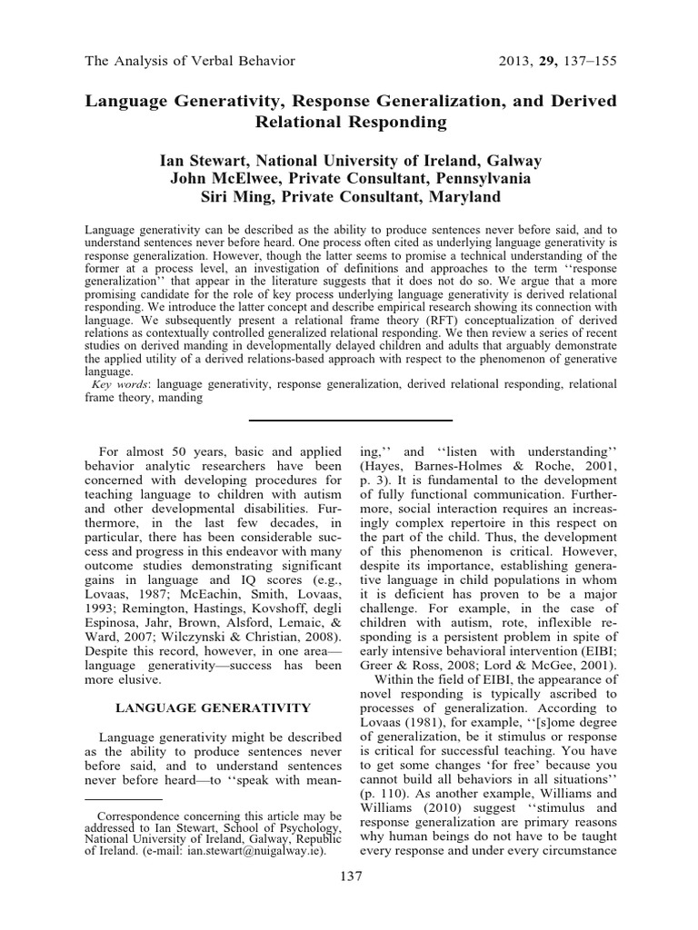 Language Generativity, Response Generalization, and Derived Relational Responding | PDF ...