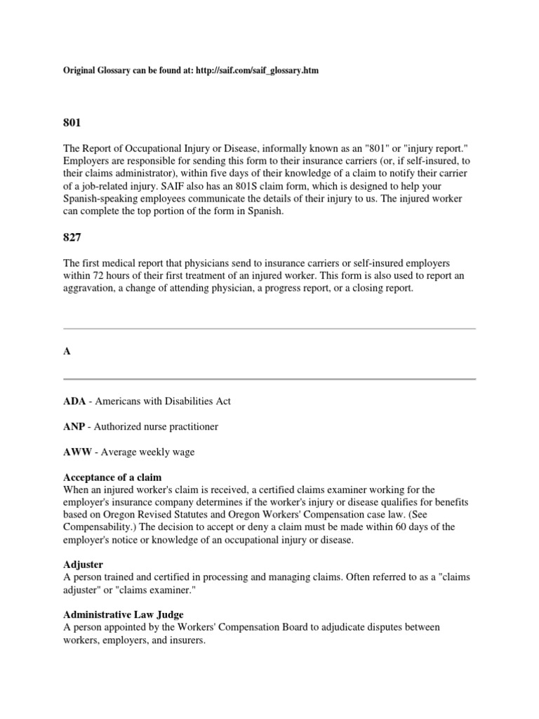 SAIF Glossary - Workers Comp | PDF | Workers' Compensation | Self Insurance