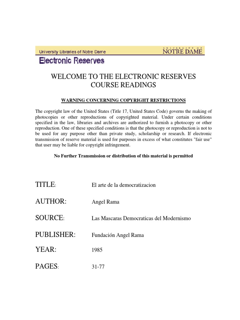 Welcome To The Electronic Reserves Course Readings: El Arte de La ...