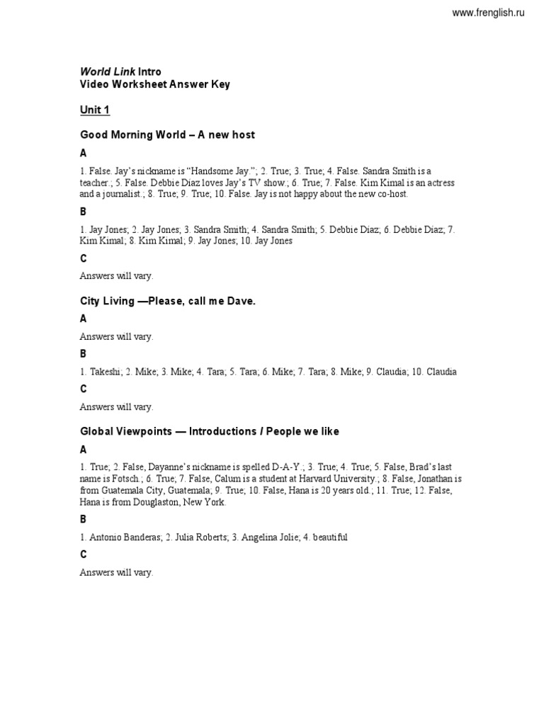 Video Worksheet Answer Key Unit 1 Good Morning World - A New Host A ...