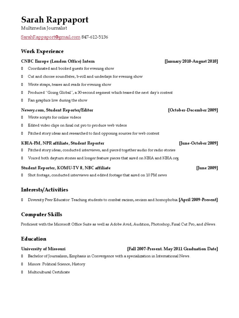 Multimedia Journalist Resume: Sarah Rappaport | PDF