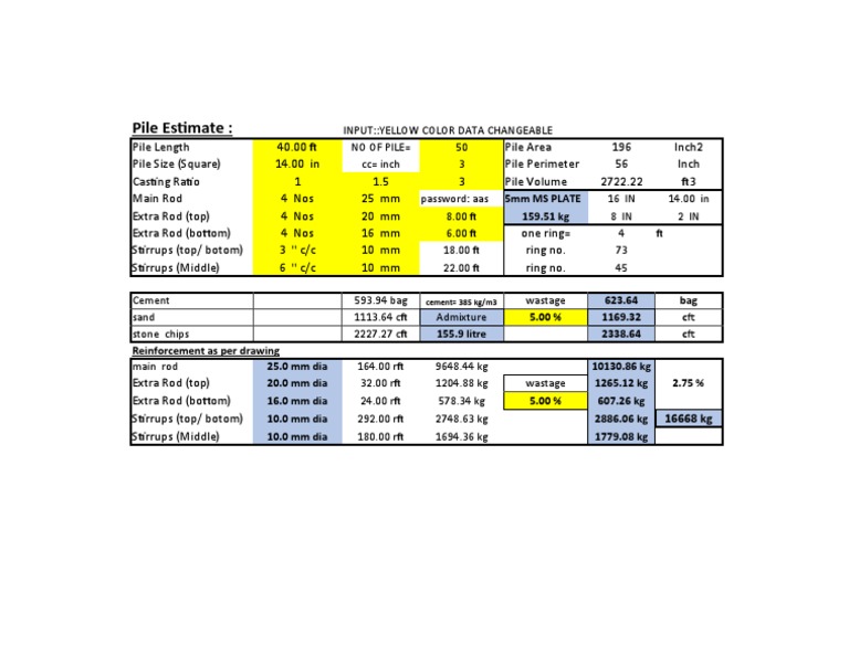 Pile Casting Estimate and Calculations | PDF