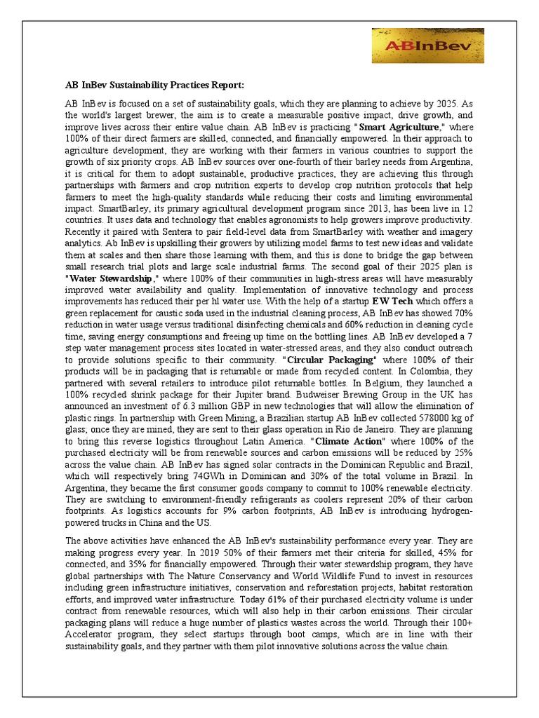 AB InBev Sustainability Practices | Download Free PDF | Sustainability ...