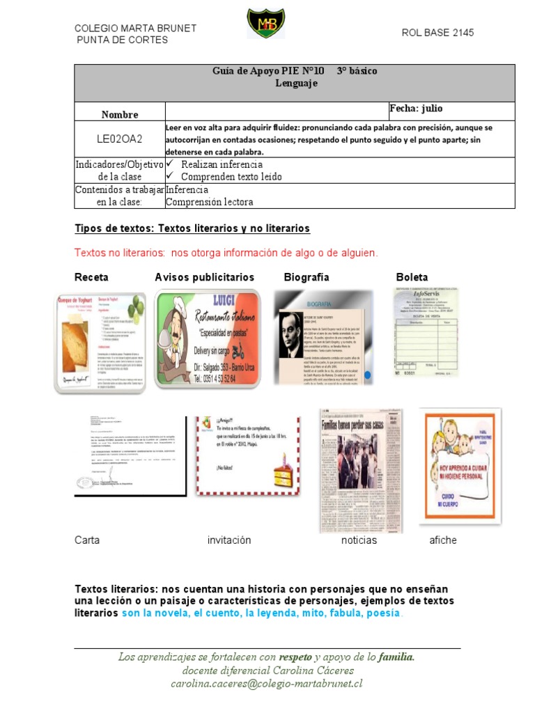 Guía de Apoyo PIE tipos de textos | PDF