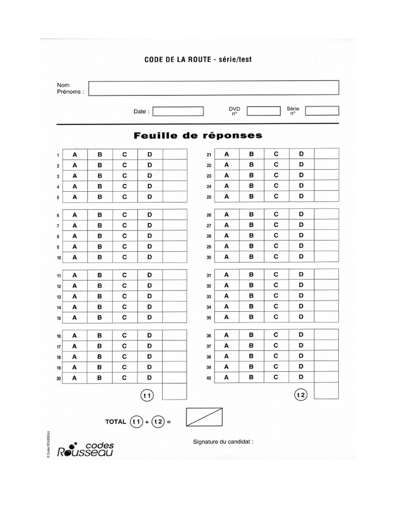 Feuille Test Code Rousseau