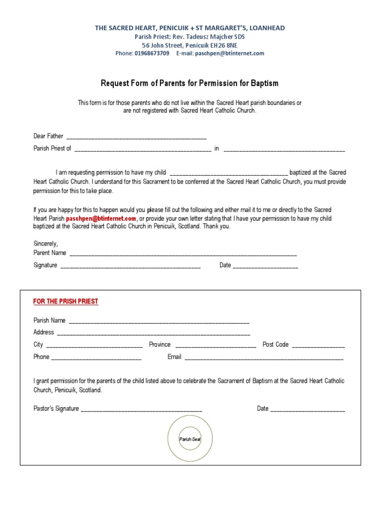 Request Form of Parents For Permission For Baptism: The Sacred Heart ...