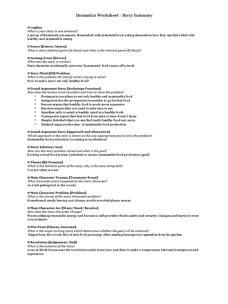 Dramatica Worksheet Story Summary | PDF | Psychological Trauma | Plot ...