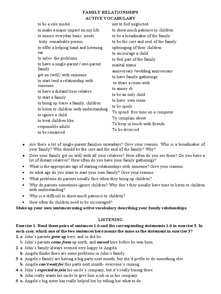 Family Relationships Vocabulary Guide | PDF | Child Care | Relationships