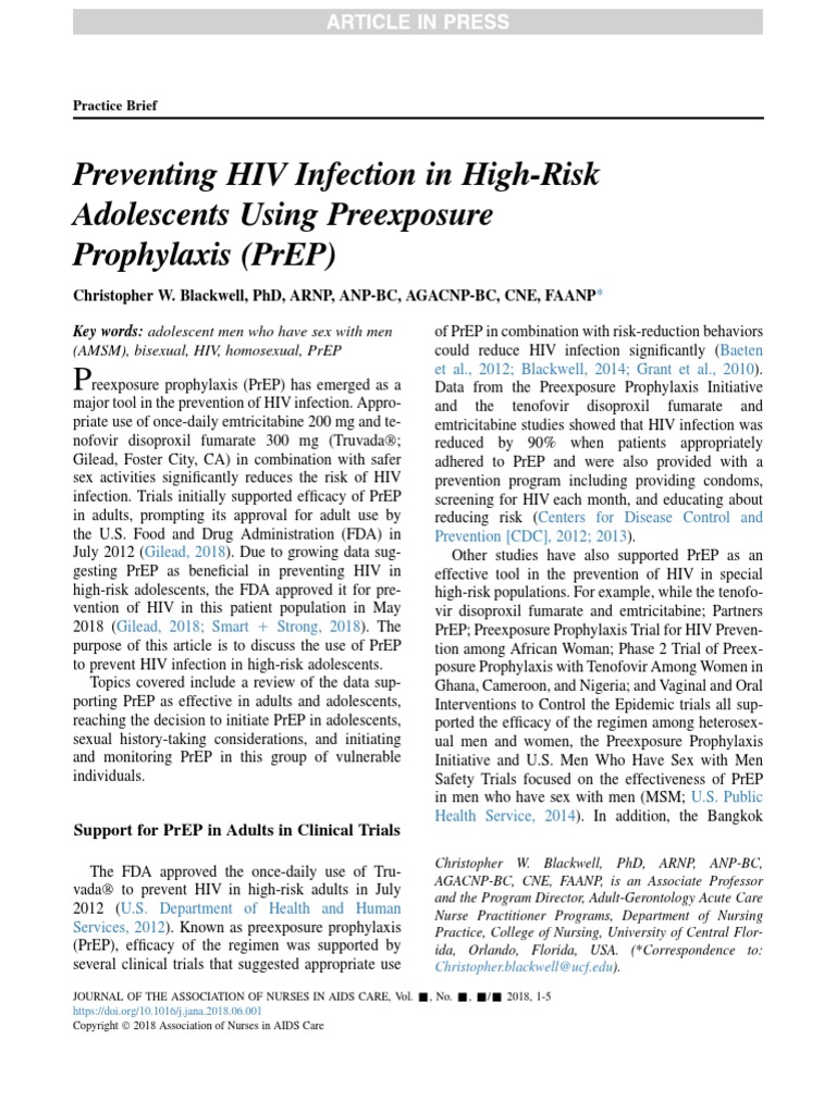 Preventing Hiv Infection in High-Risk Adolescents Using Preexposure ...