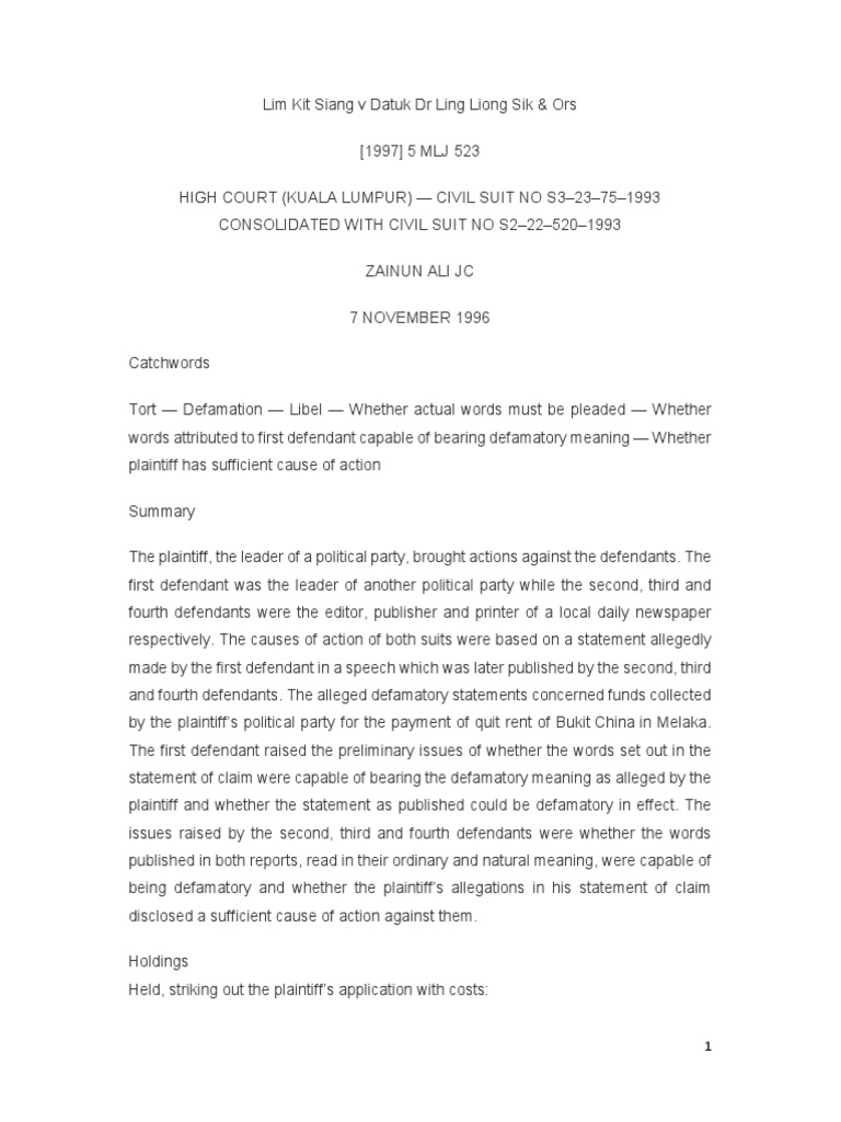 Ling Liong Sik V Lim Kit Siang | PDF | Defamation | Cause Of Action