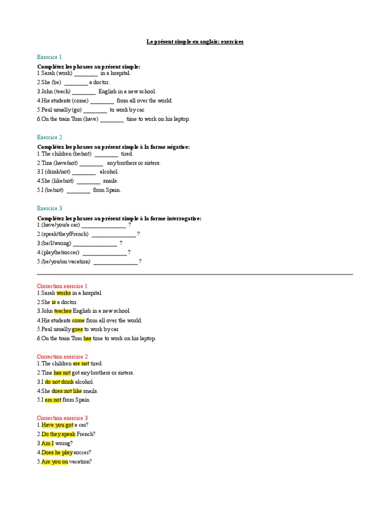 Exercice 1: Le Présent Simple en Anglais: Exercices | PDF