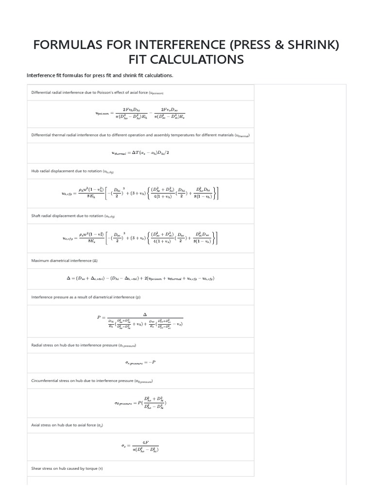 Formulas For Press - Shrink Fit Calculations | PDF