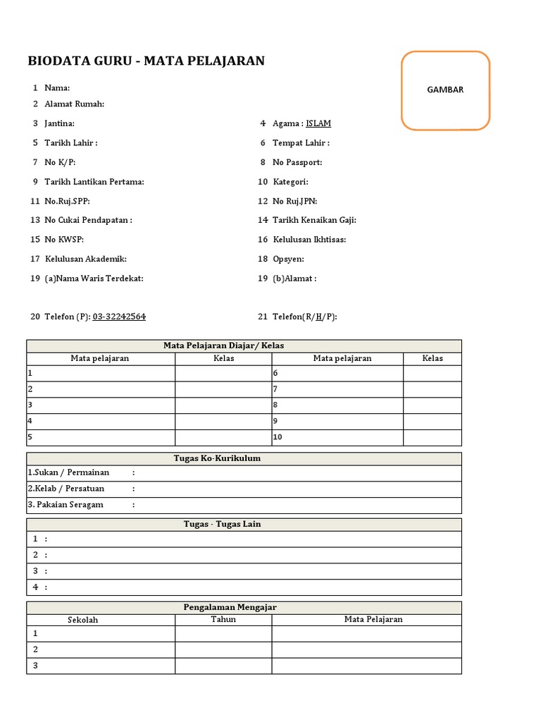 Biodata Guru Kosong Pdf
