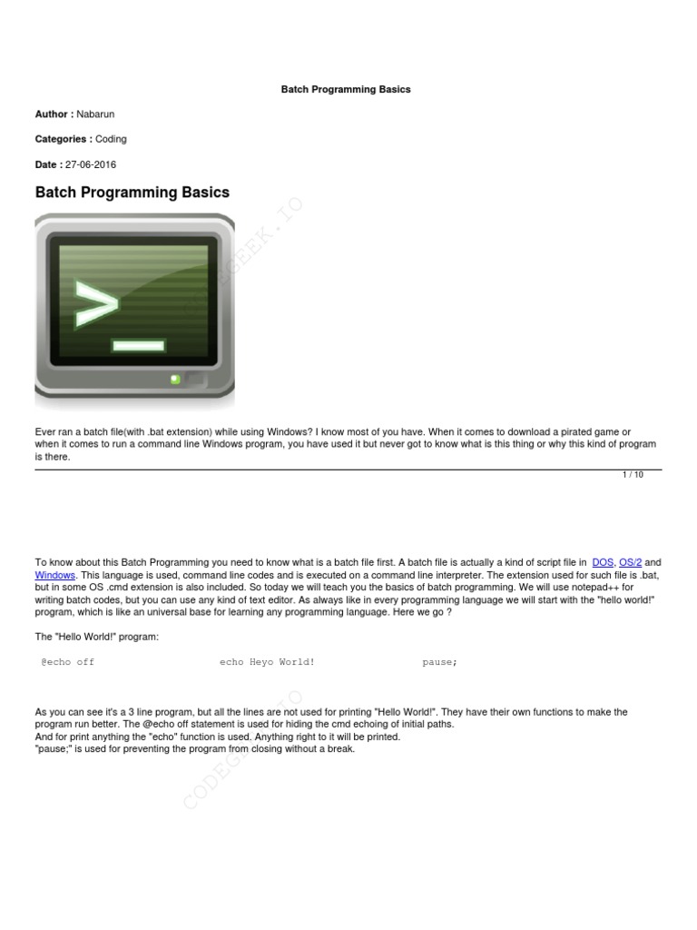 Batch Programming Basics Pdf Pdf Software Engineering Computing