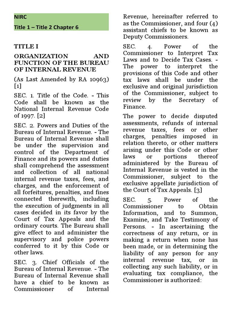 Nirc Title 1 - Title 2 Chapter 6 Title I Organization AND Function of ...