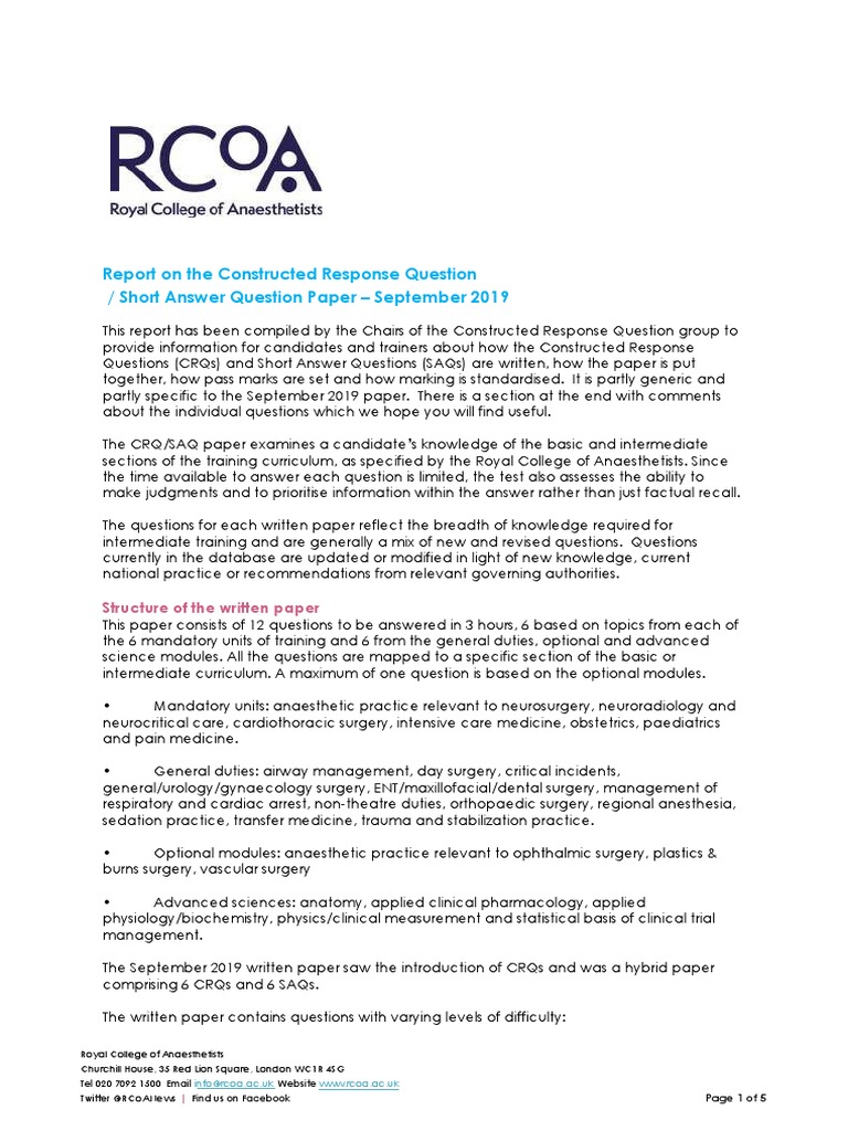 Report On The Constructed Response Question / Short Answer Question ...