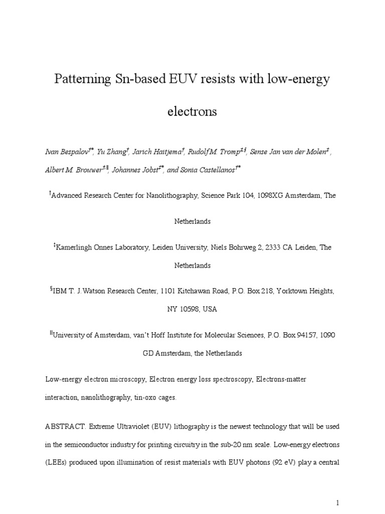 Patterning Sn-Based EUV Resists With Low-Energy Electrons | PDF ...