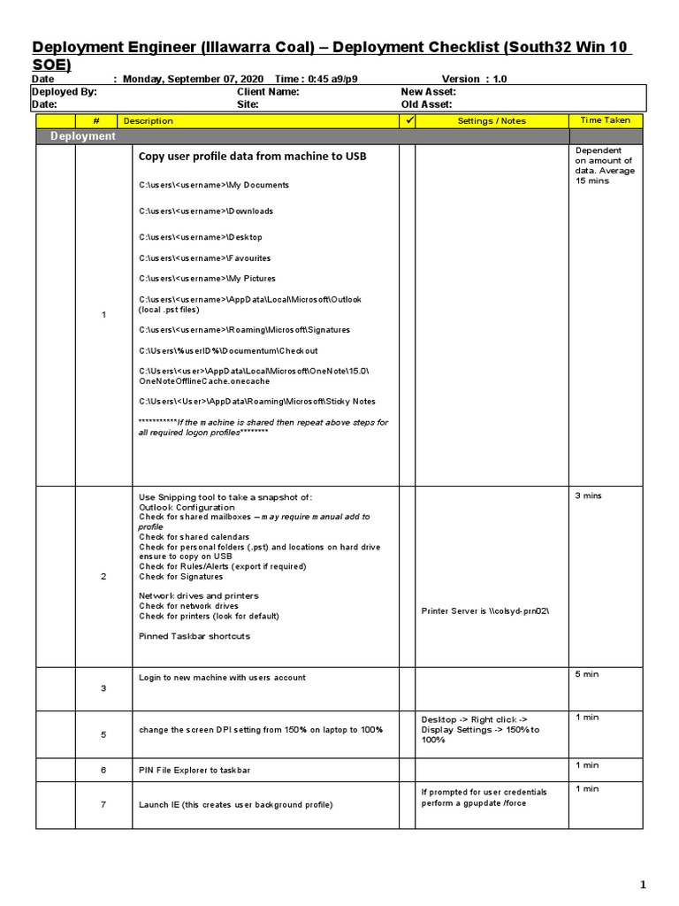 Deployment Engineer (Illawarra Coal) - Deployment Checklist (South32 ...