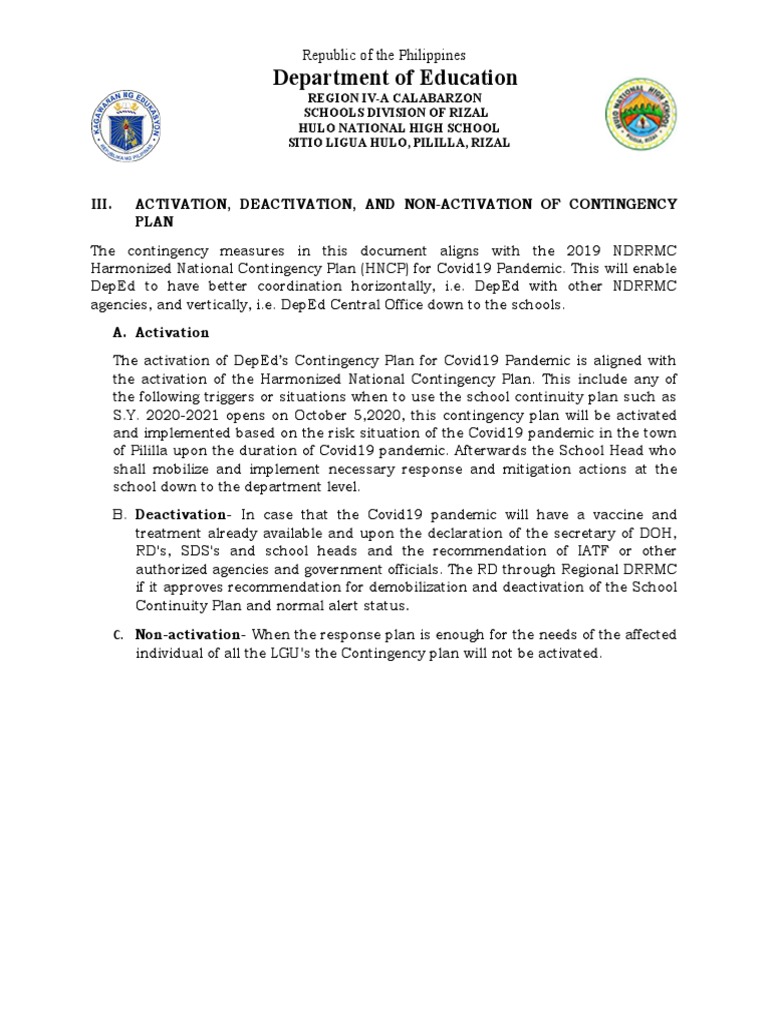 Department of Education: Iii. Activation, Deactivation, and Non ...