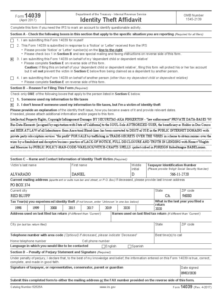 IRS identity theft affidavit form | PDF | Internal Revenue Service ...