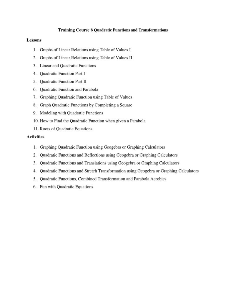 Training Course 6 Quadratic Functions and Transformations | PDF ...