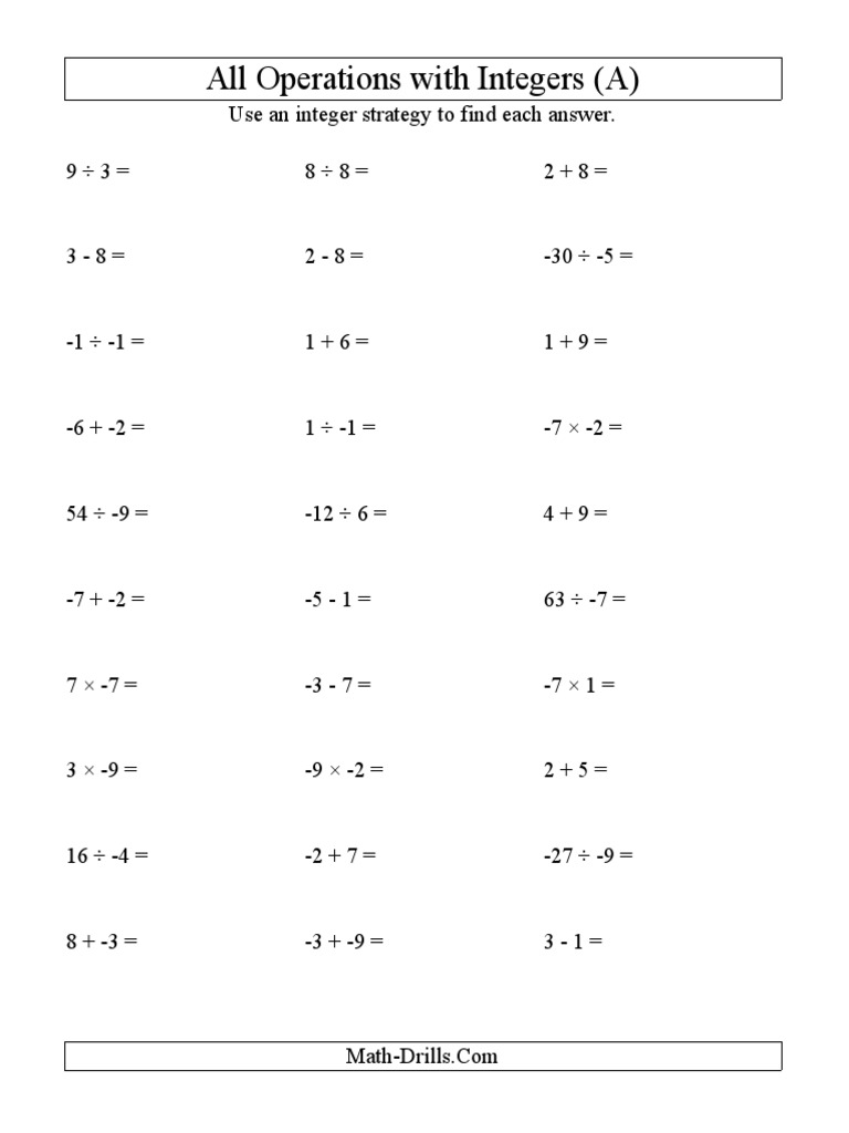 All Operations With Integers (A) | PDF