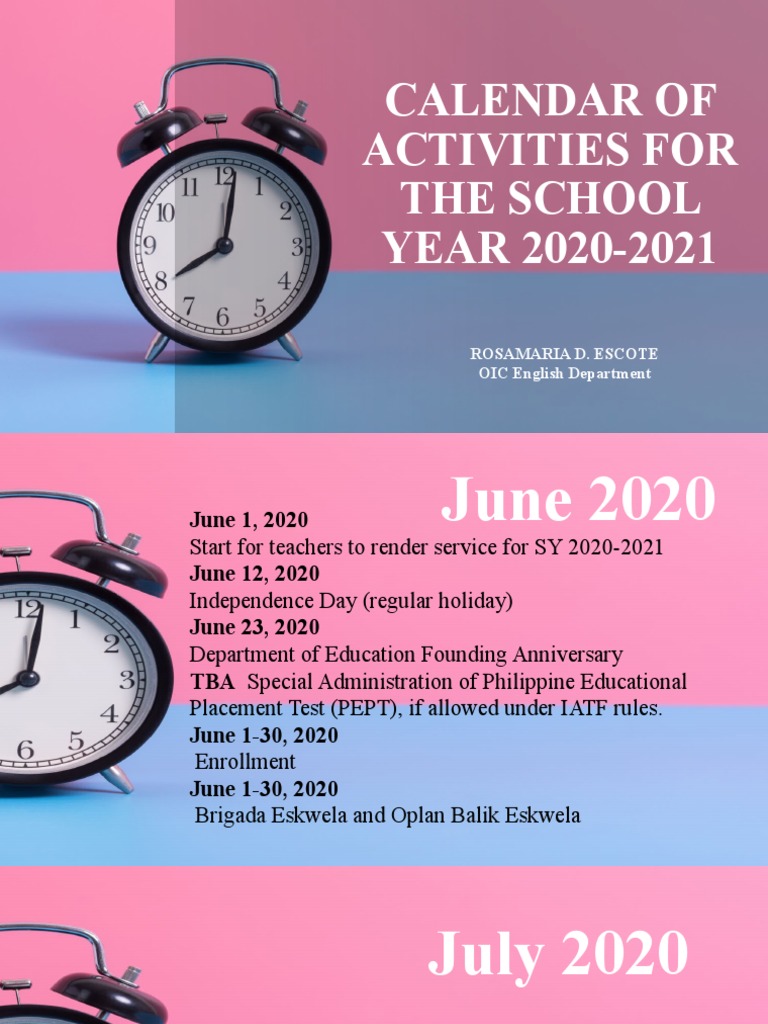 Calendar of Activities For The School Year 2020-2021 | PDF | Learning ...