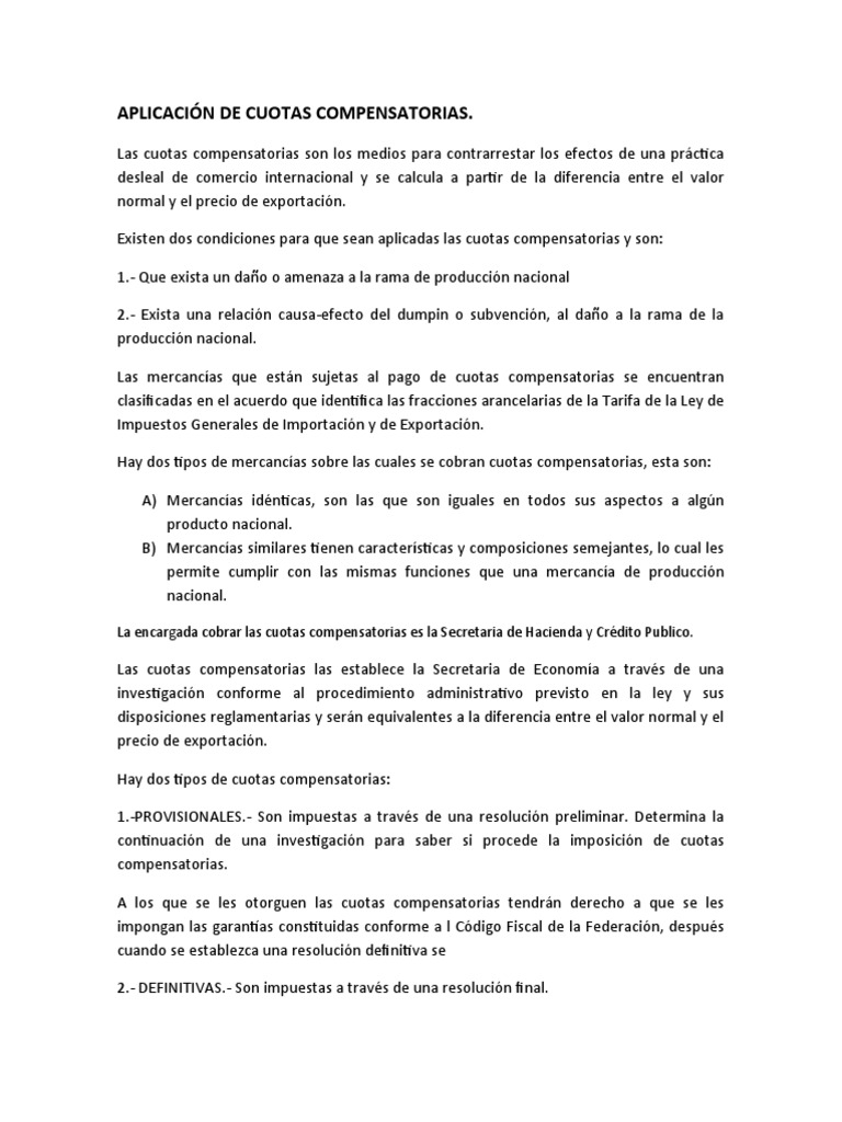 Cuotas Compensatorias: Aplicación y Tipos | PDF | El comercio internacional | Otorgar dinero)