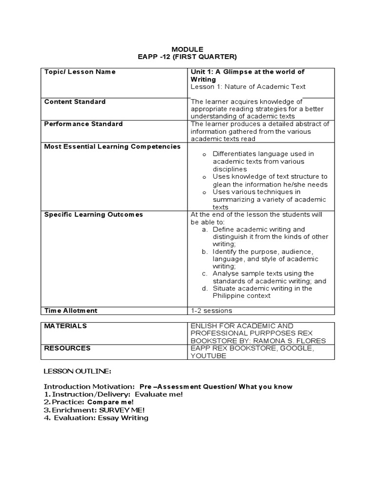 Modular Lesson 1 1ST Quarter | PDF | Essays | Writers