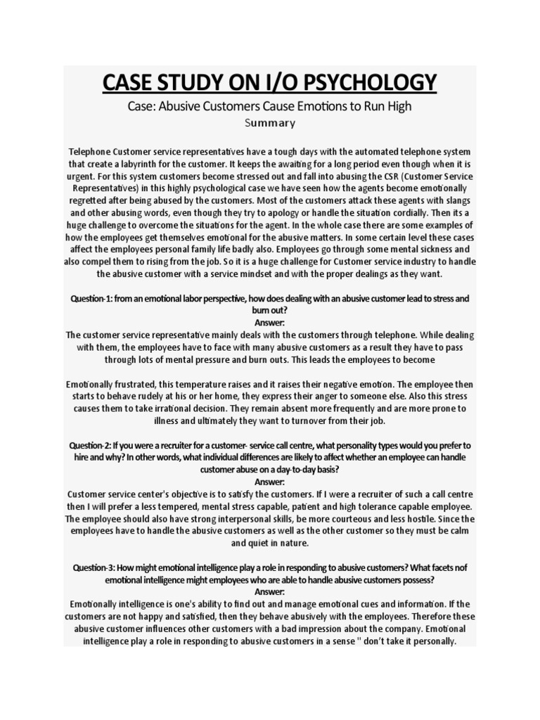 Case Study On I/O Psychology: Case: Abusive Customers Cause Emotions To ...