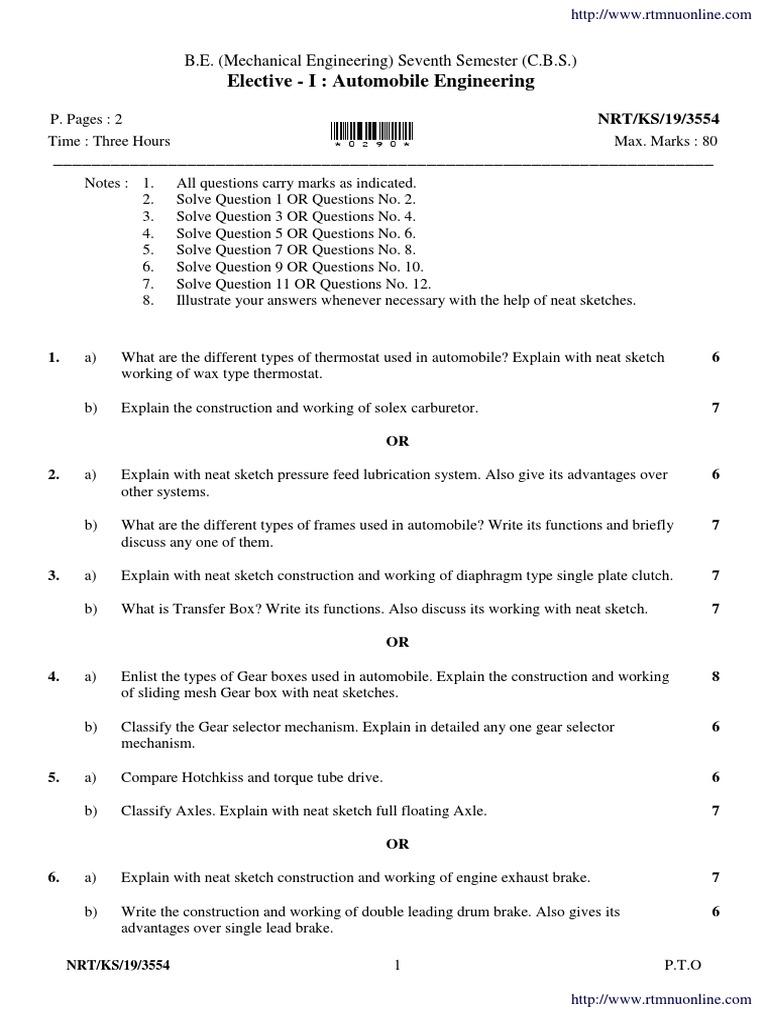 Automobile Engineering Exam Paper | PDF | Steering | Transmission ...
