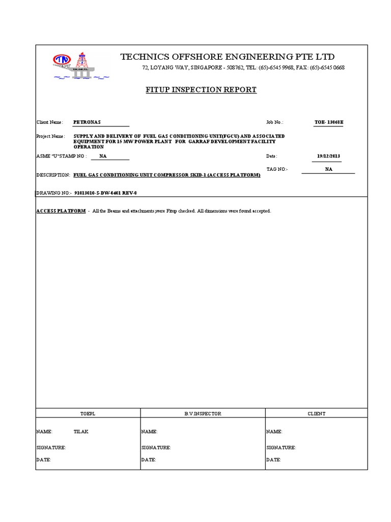 Technics Offshore Engineering Pte LTD: Fitup Inspection Report | PDF | Energy Technology ...