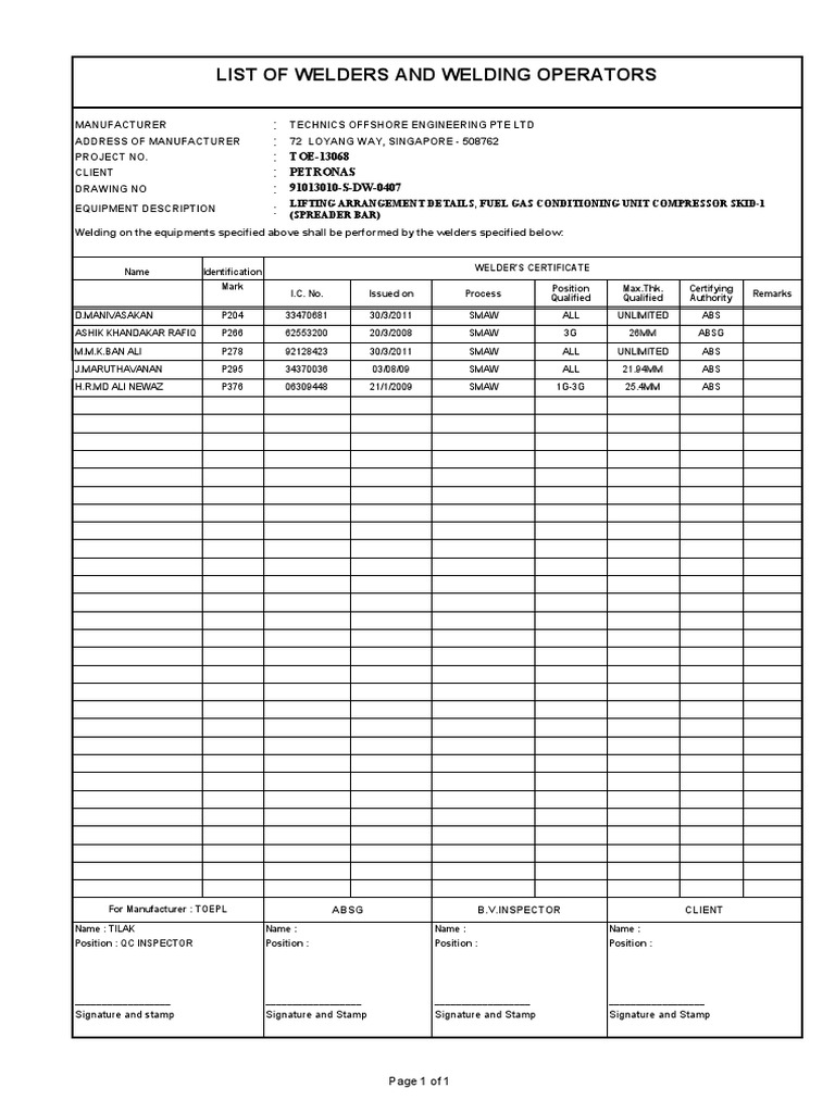 Welders List For Vessel | PDF | Welding | Construction