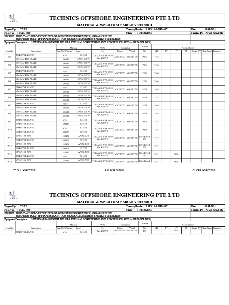 Technics Offshore Engineering Pte LTD: Material & Weld Traceability ...