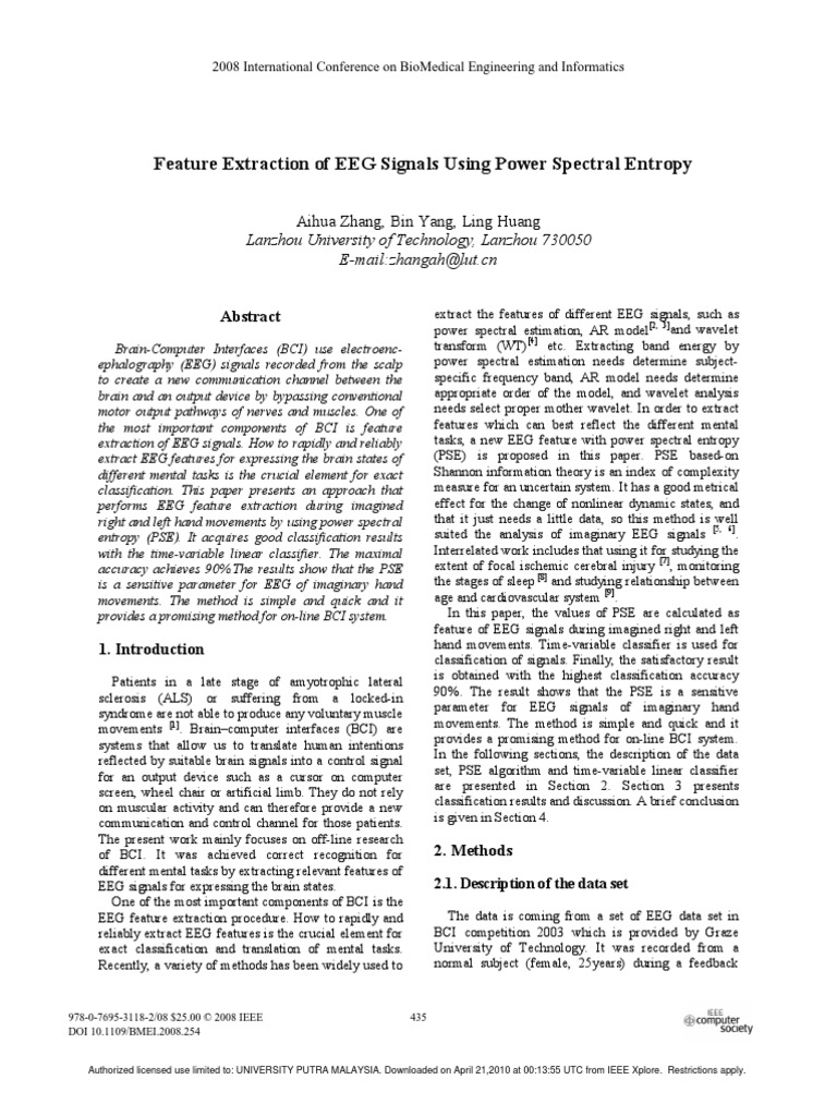 Feature Extraction of Eeg Signals Using Power Spectral Entropy | PDF | Spectral Density ...