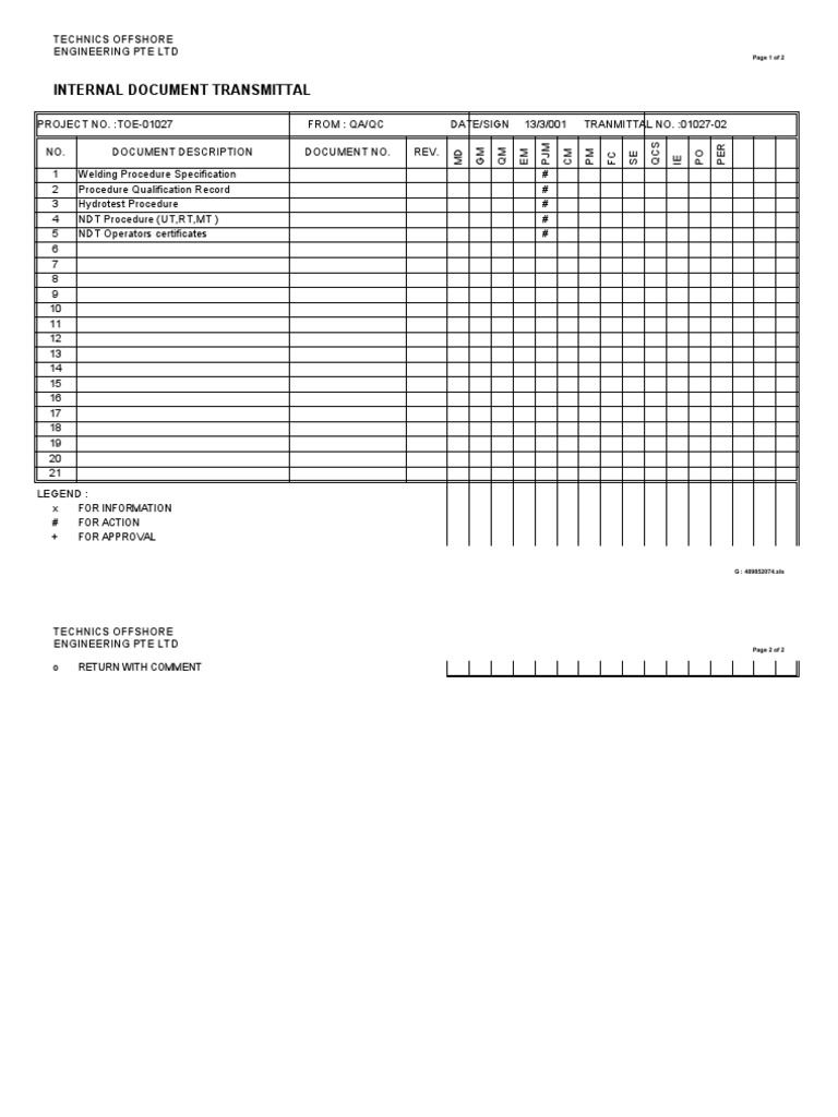 Internal Document Transmittal: Technics Offshore Engineering Pte LTD ...