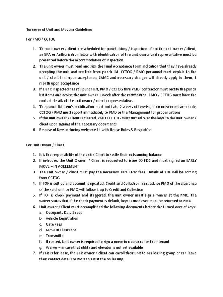 Turnover of Unit and Move in Guidelines | PDF | Lease | Business Law