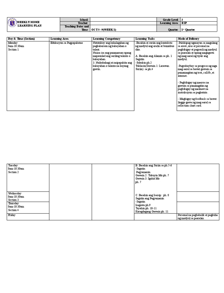 ESP Grade 2 Weekly Home Learning Plan - For Modular 1st Quarter-1st ...