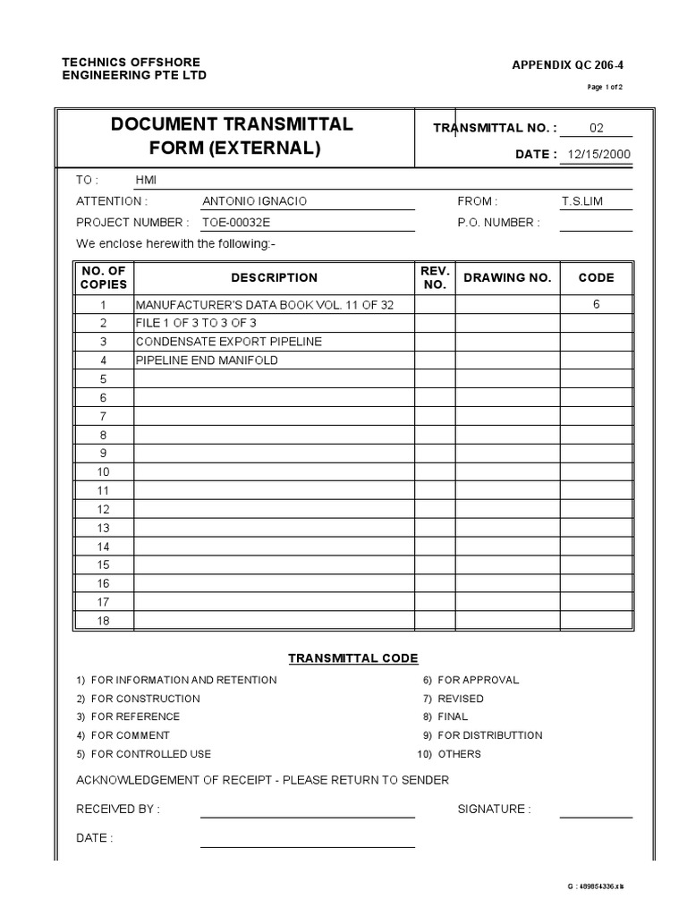 Document Transmittal Form (External) : Technics Offshore Engineering ...