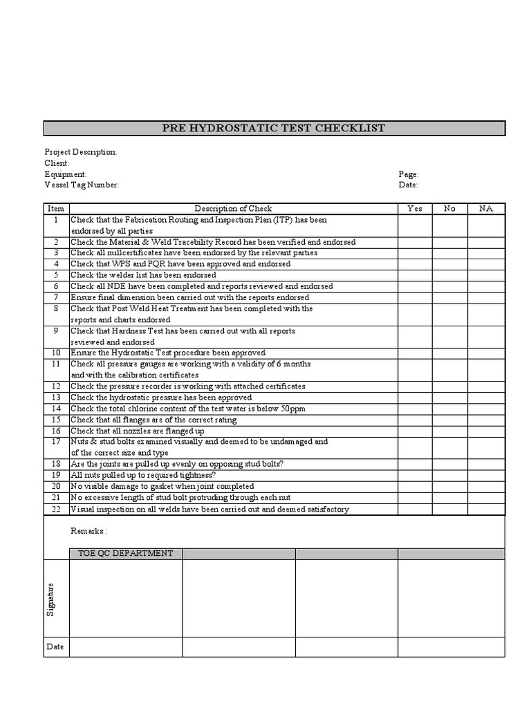 Pre-Hydrotest Check List-Format | PDF