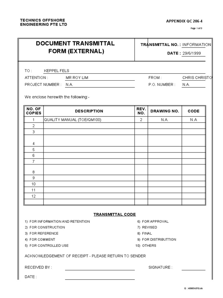 Document Transmittal Form (External) : Technics Offshore Engineering Pte LTD | PDF | Computers ...