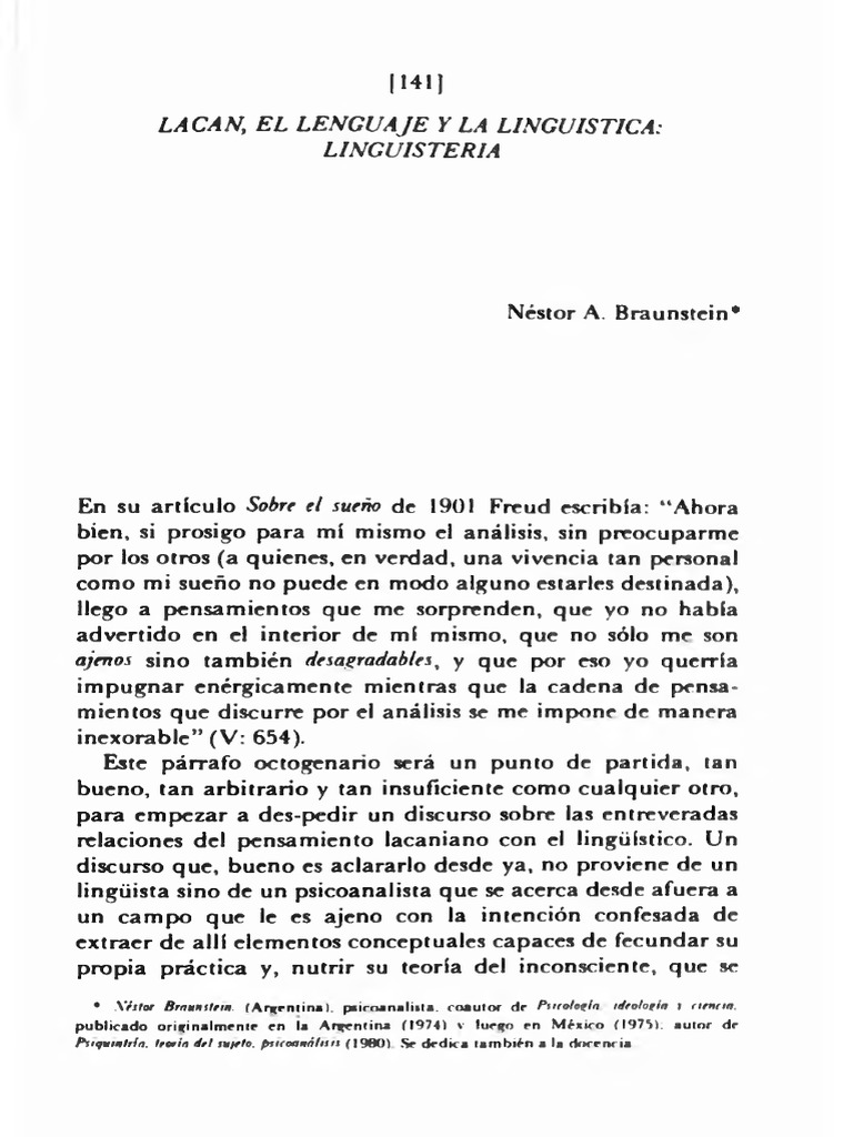 Braunstein Nestor A Lacan El Lenguaje y La Linguisteria PDF | PDF | Psicoanálisis | Mente ...