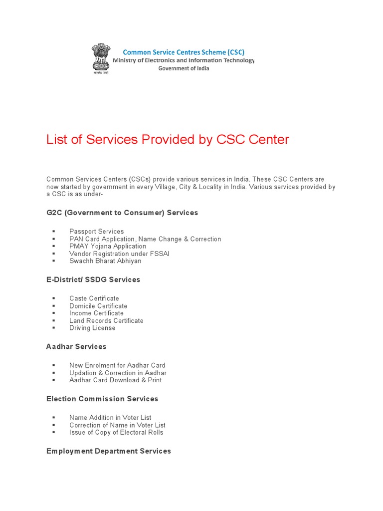 List of Services Provided by CSC Center: G2C (Government To Consumer ...
