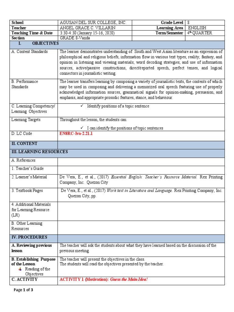 Topic Sentence and Supporting Details | PDF | Teachers | Idea