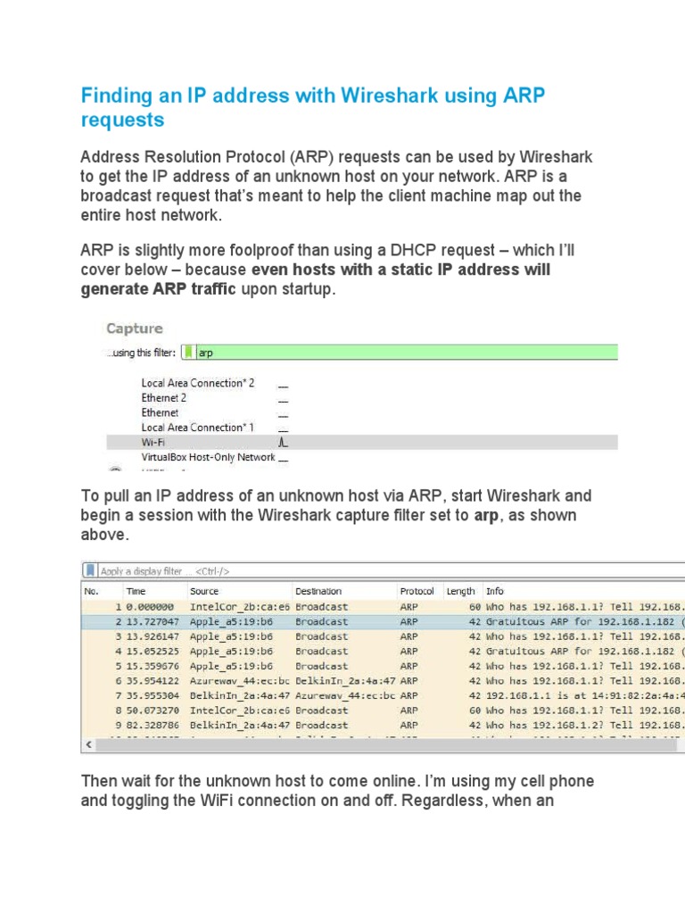 Finding An IP Address With Wireshark Using ARP Requests: Generate ARP Traffic Upon Startup | PDF ...