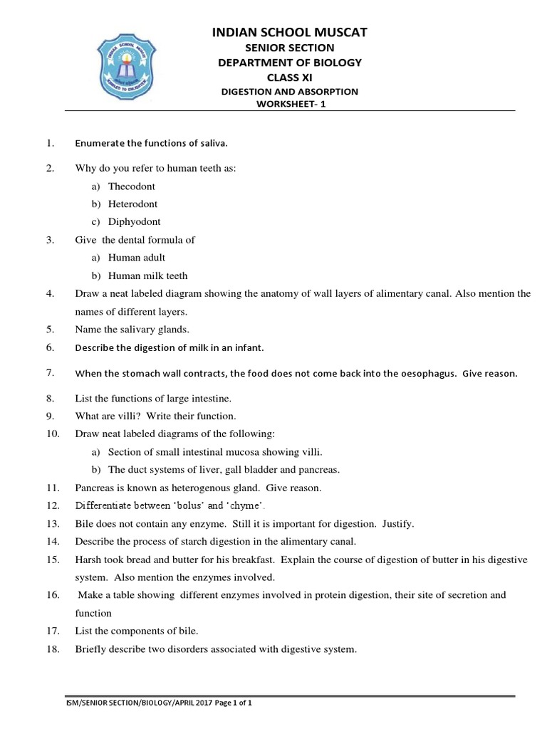 Senior - Class - Xi - Biology - Digestion and Absorption - Worksheet ...