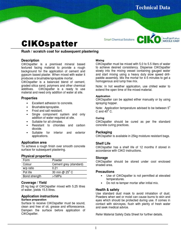 Cikospatter: Technical Data Sheet | PDF | Concrete | Mortar (Masonry)